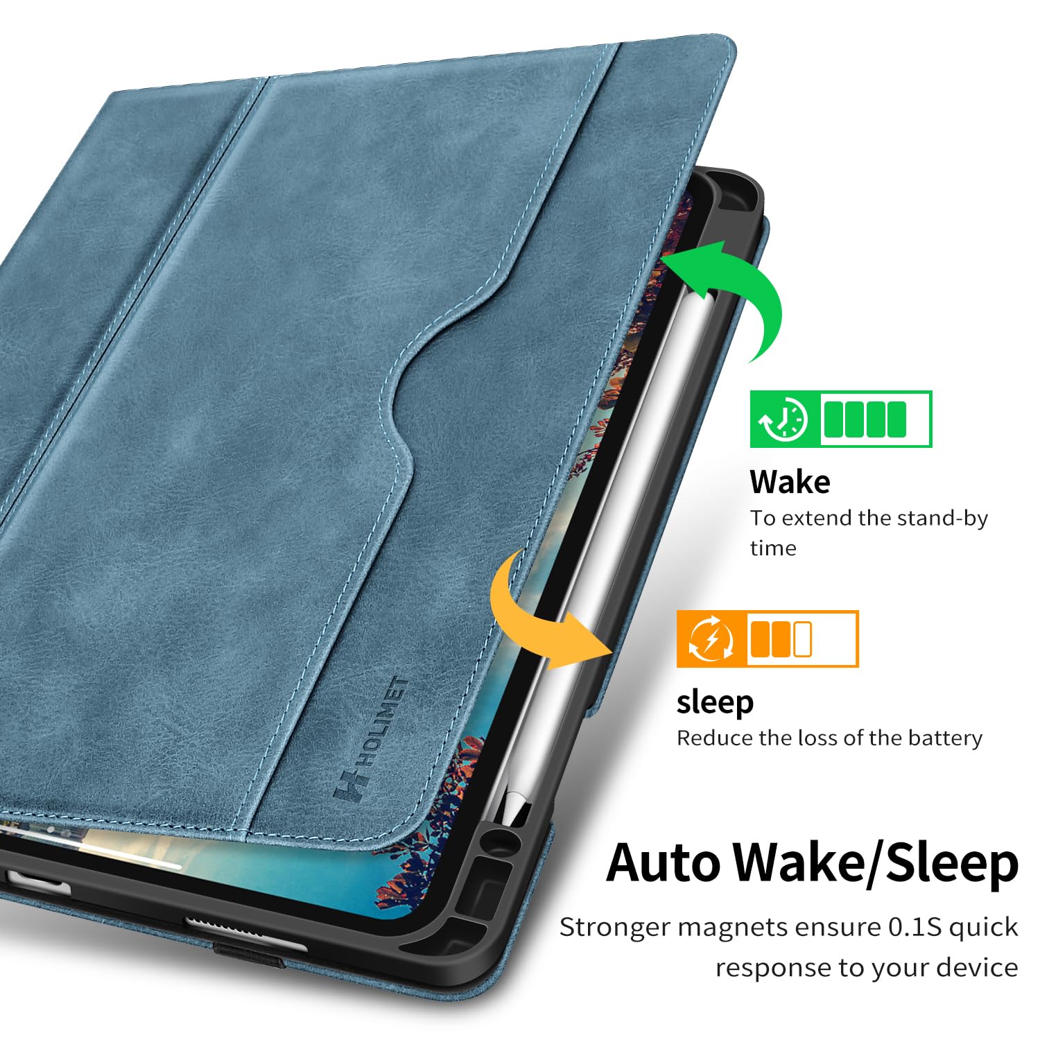 HOLIMET iPad Pro 12.9 Case 6th/5th/4th/3rd Generation Case New 2022 2021 2020 2018 with Pencil Holder Pocket Strap Folio Stand Cover Soft TPU Back Shockproof, Auto Sleep/Wake,Vegan Leather