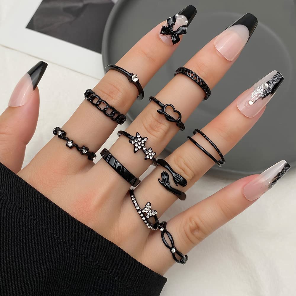 KISS WIFE Gold Knuckle Rings Set for Women, Dainty Simple Trendy Cute Stackable Finger Rings Pack, Stacking Layering on Thumb and Knuckle, Mixed Size (Black)