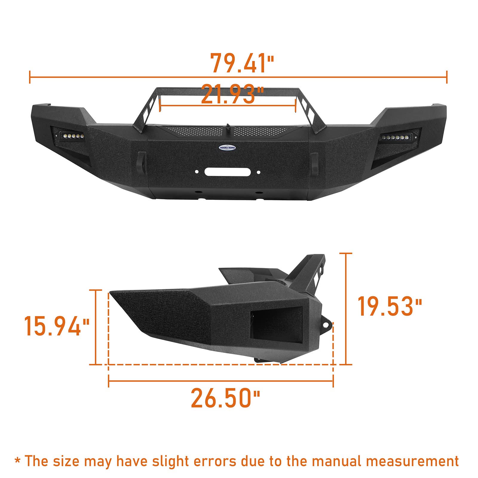 Hooke Road 03-05 Ram Full Width Front Bumper w/Winch Plate & LED Spotlights for 2003 2004 2005 Dodge Ram 2500 3500 Truck (Excluding Diesel Models), Solid Steel Offroad Bumper
