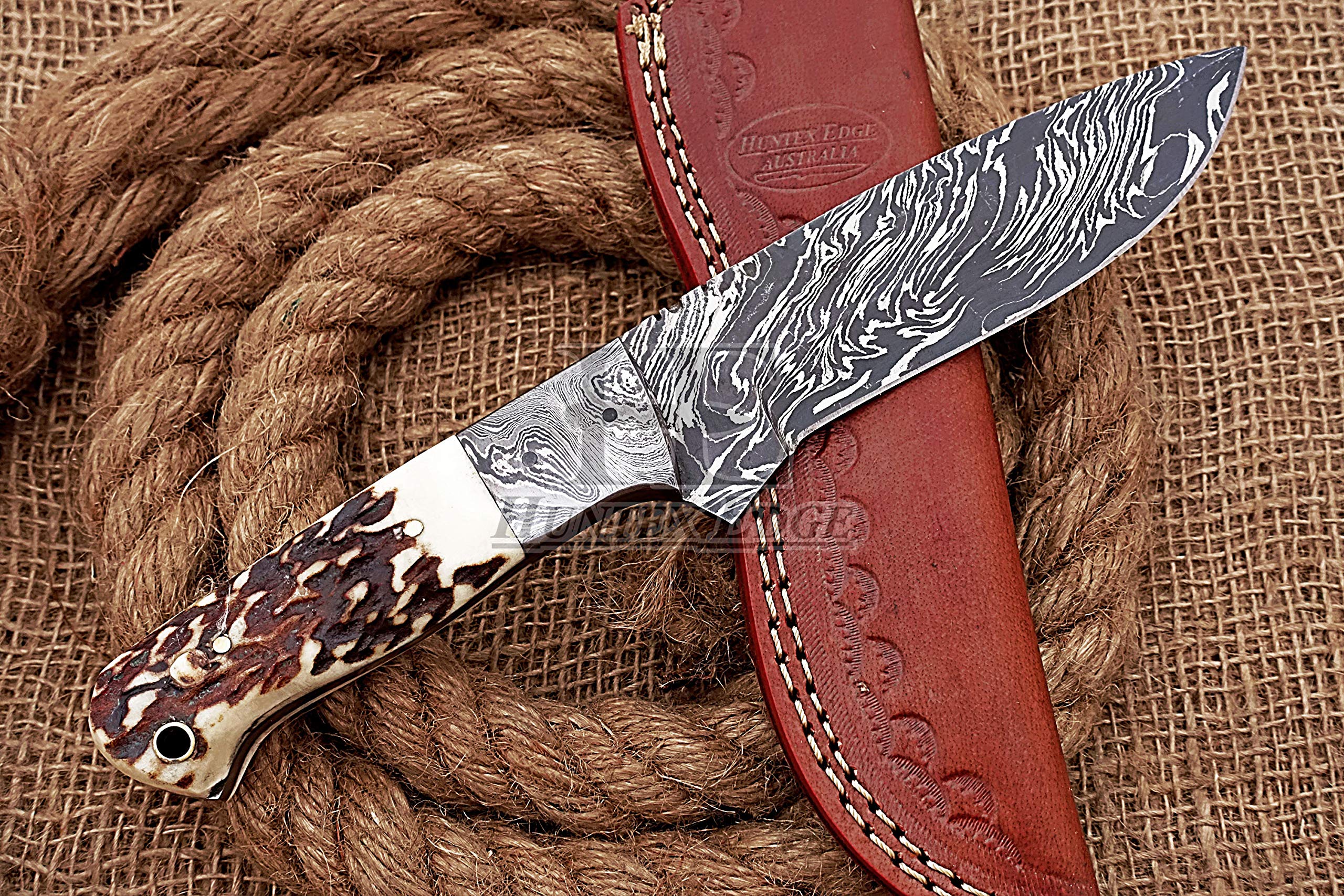 HUNTEX Unique Custom Handmade Hand-Forged Flame Pattern Damascus Steel 9 Inch Long Full Tang Deer Antler Handle Razor Sharp Hunting Camping Knife with Genuine Leather Sheath