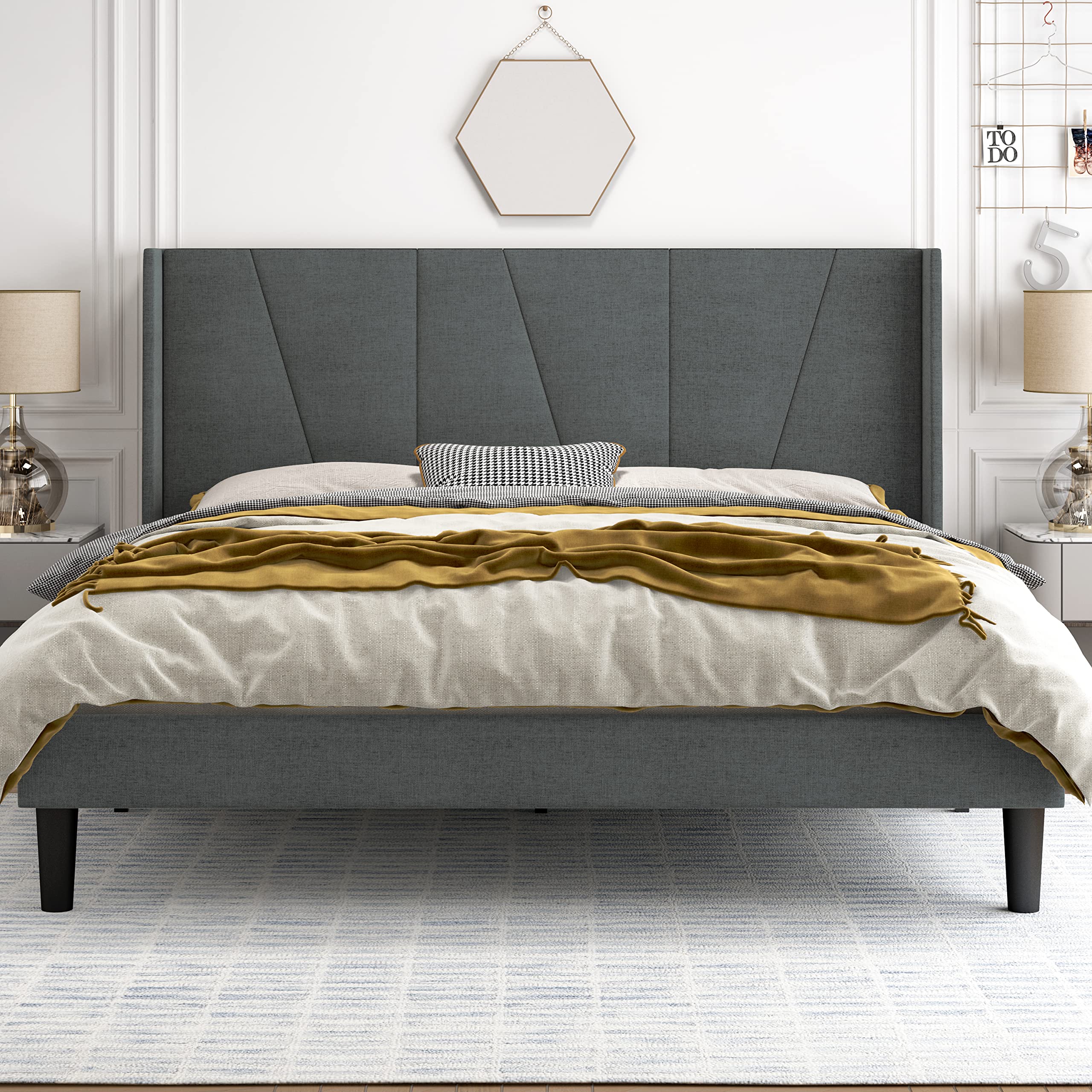 HOOMIC King Size Platform Bed Frame with Geometric Wingback Headboard, Wooden Slats Support, No Box Spring Needed, Modern Style in Dark Grey