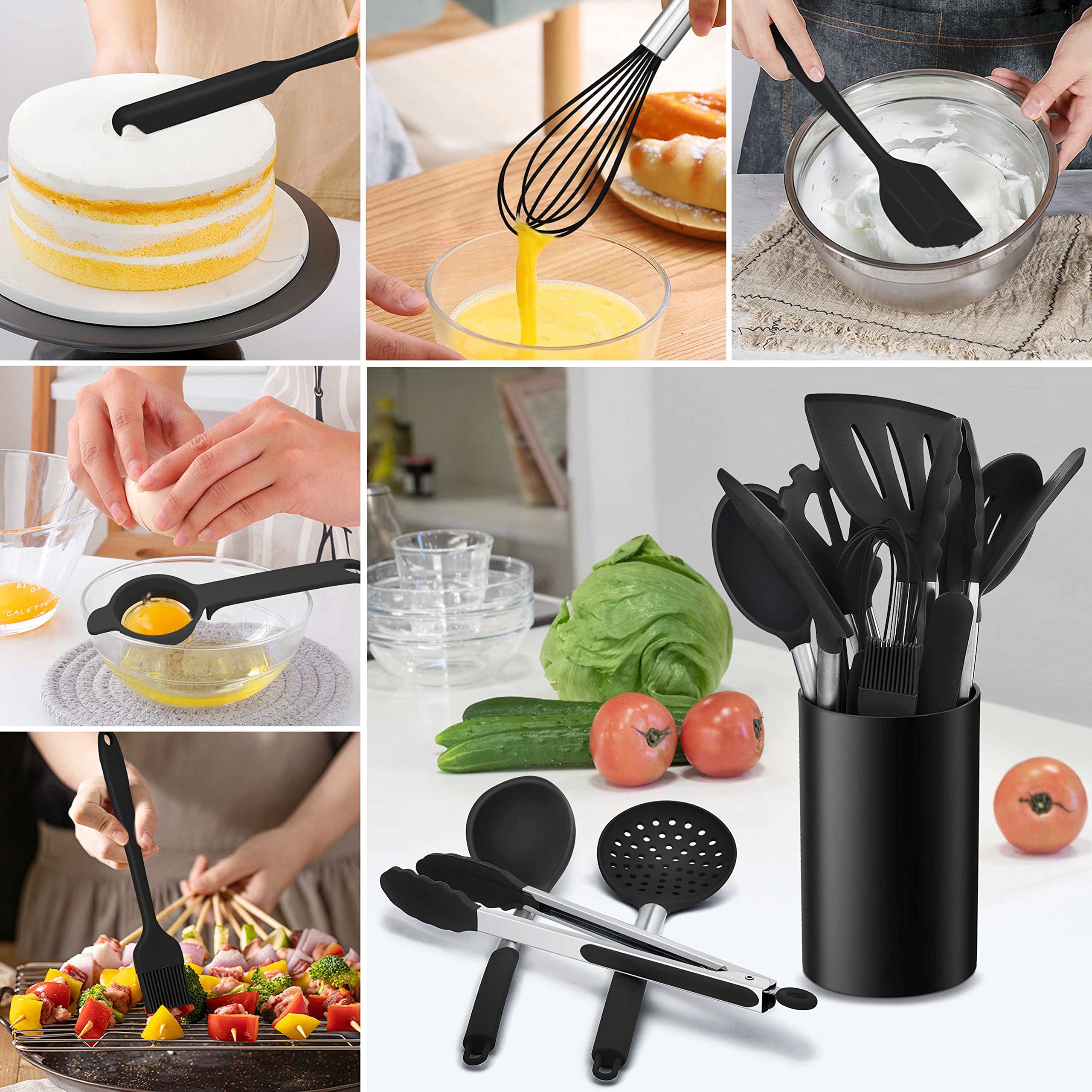 Homikit 15 Pieces Kitchen Cooking Utensils Set with Holder, Gray Silicone Utensil Sets Stainless Steel Handle, Nonstick Kitchen Tools with Spatulas Spoons Turner Tong for Cookware, Heat Resistant