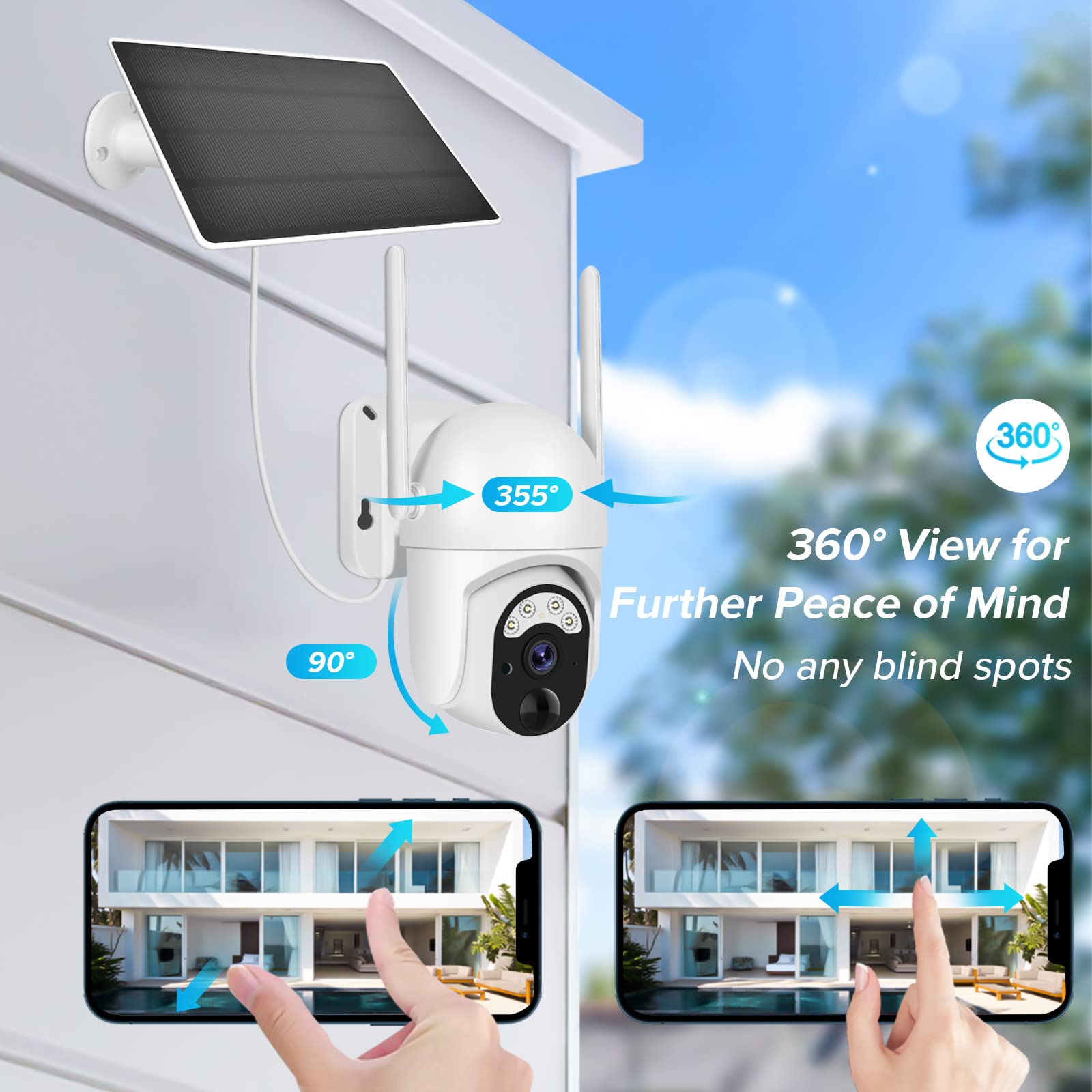 Roinvou Outdoor Wireless Security Camera, Home Security Camera Pan Tilt 360° View Spotlight Solar Battery Powered System, Motion Detection, Color Night Vision, 2-Way Talk, Remote Access, Cloud/SD