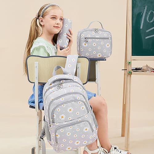 ZHIERNA School Backpack 3PCs Daisy Prints Set With Lunch Bag, Bookbags with Pen Case For Teen Girls Kindergarten Elementary(Pink)