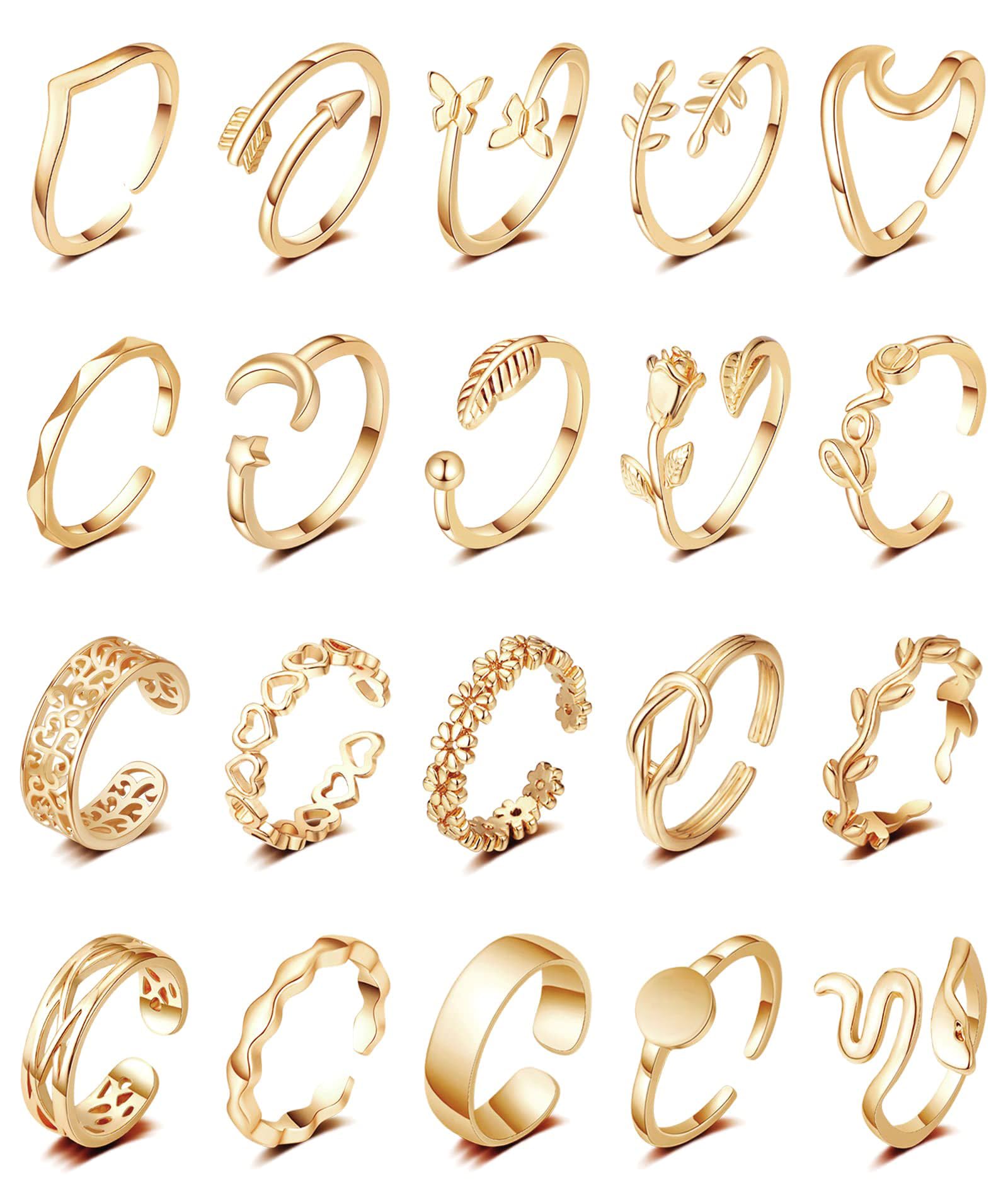 Honsny 20PCS 14K Gold Toe Rings for Women Adjustable Band Rings Open Toe Ring Set Boho Beach Foot Jewelry