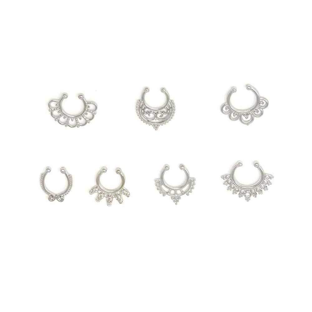 Honbay 7pcs Mix Style Silver Fake Septum Clicker Nose Ring Non Piercing Hanger Clip Body Jewelry