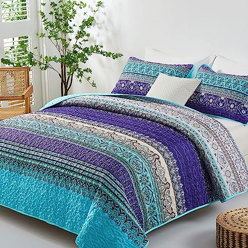 WONGS BEDDING Boho Quilt Set California King, Purple Bohemian Striped Pattern Printed Quilt Coverlet, Lightweight Microfiber Bed Decor Bedspread for All Season 106"x96"(3 Pieces, Cal King)