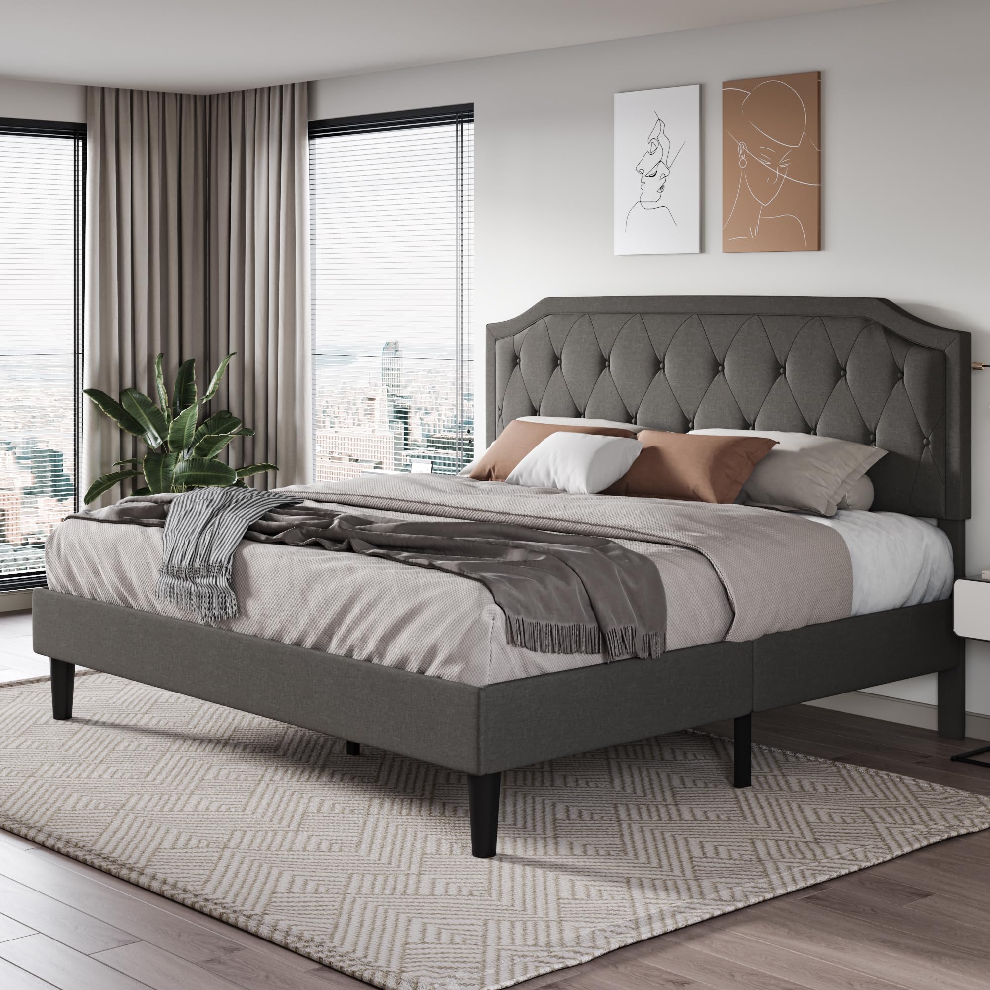 HOOMIC King Size Platform Bed Frame with Adjustable Diamond-Tufted Headboard, Fabric Upholstered, Wooden Slats Support, No Box Spring Needed, Easy Assembly,Dark Grey