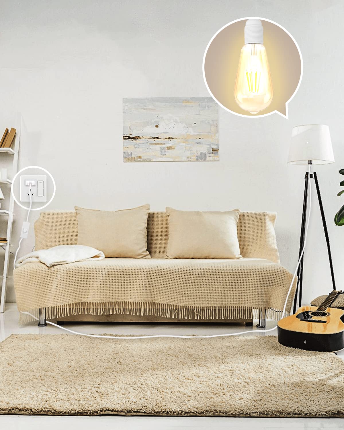 HUIBONA Plug in Hanging Light Cord,E26/E27 Extension Hanging Plug in Light Sockt, 2-Pack 15FT Pendant Light Socket Kits White for Kitchen Bedroom Farmhous.
