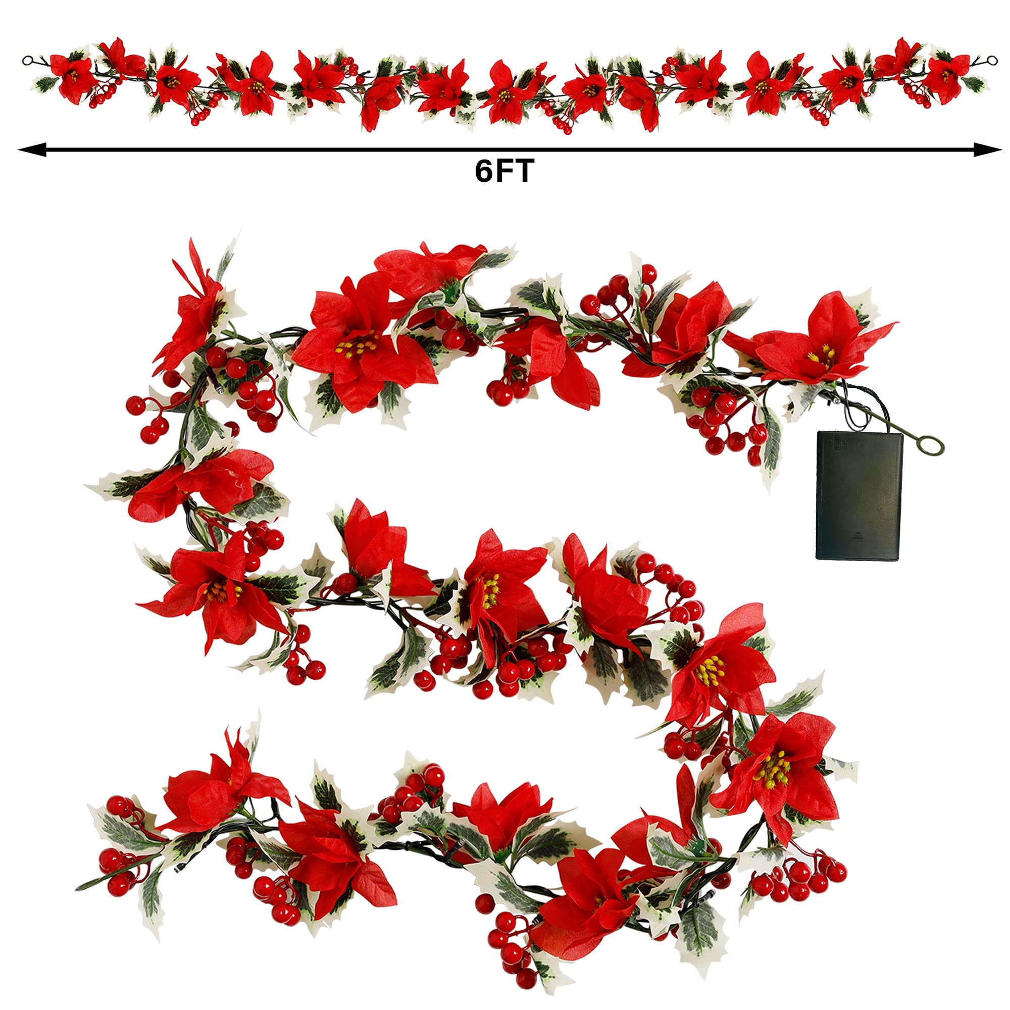 Happy Trees 6 Ft Christmas Garland Lighted Decorations, Artificial Flowers Red Berries Holly Leaves Garlands with Timer, Xmas Ornaments for Indoor Mantle Fireplace Home Decor