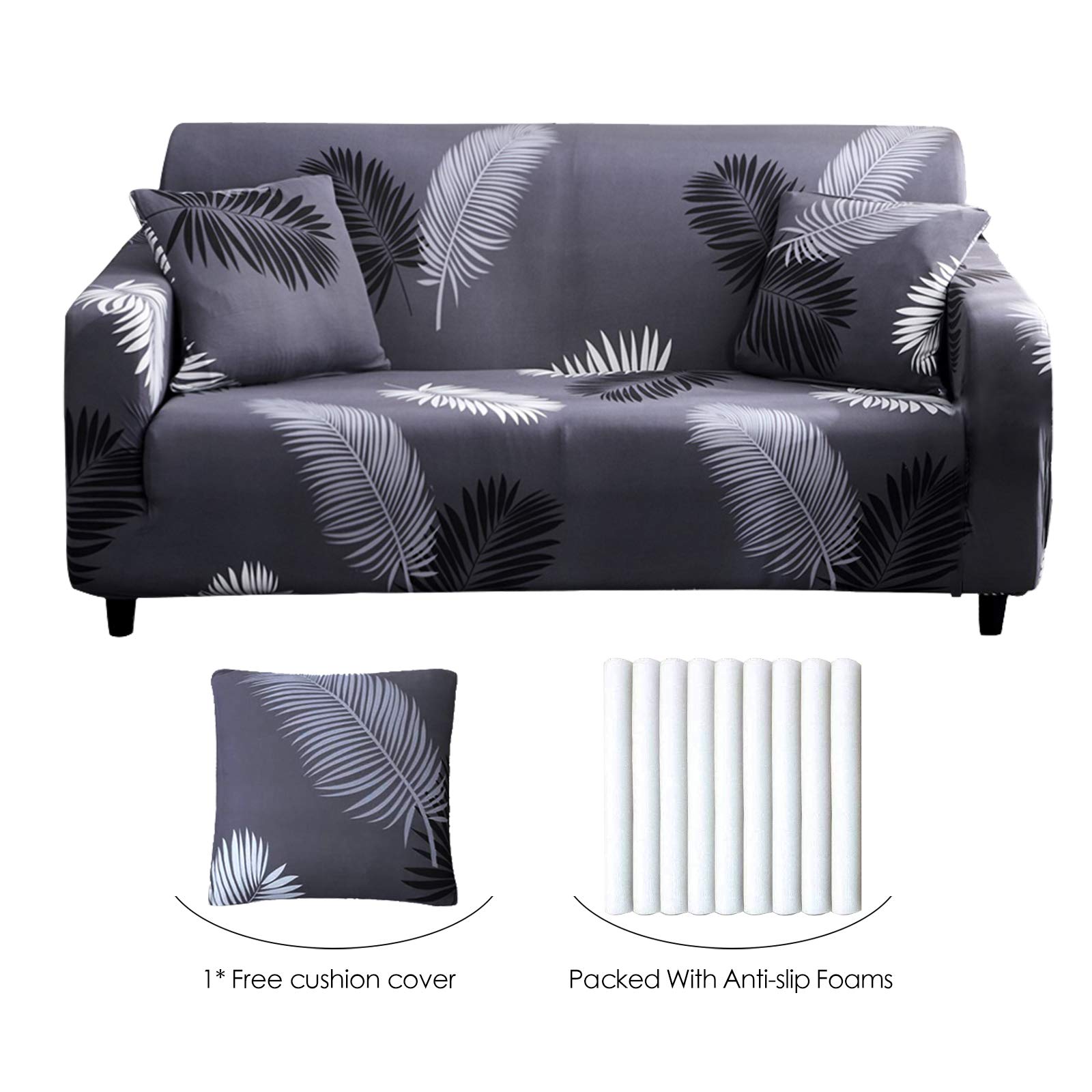 HOTNIU Stretch Sofa Cover Printed Couch Covers Loveseat Slipcovers for 2 Cushion Couches Sofas Elastic Universal Furniture Protector with 1 Pillowcase (Medium, Grey Geometry)