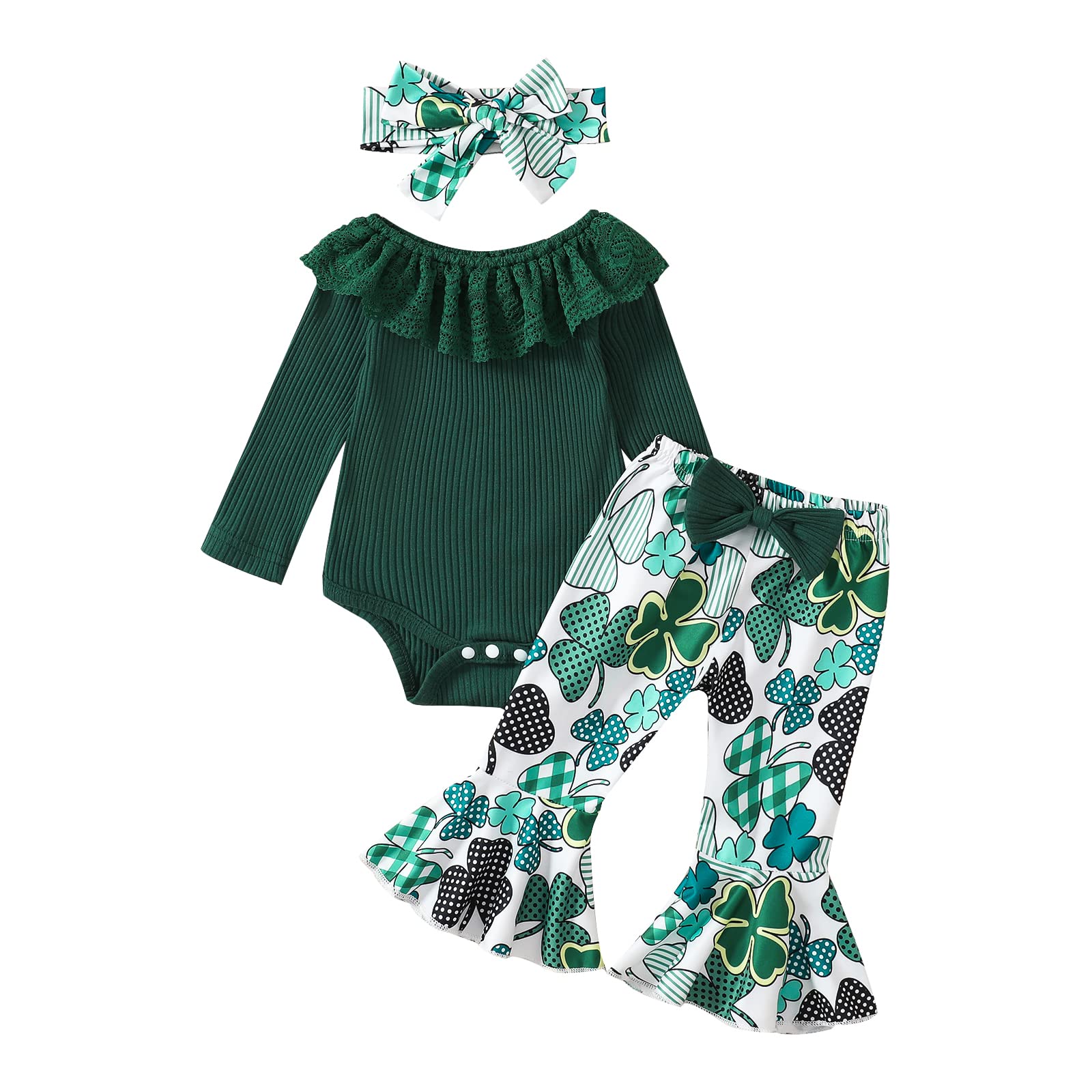 St. Patrick 's Day Newborn Baby Girl Solid Ribbed Long Sleeve Romper+Four Leaf Clover Print Pants+Headband 3Pcs Clothes Set (Green, 0-3 Months)