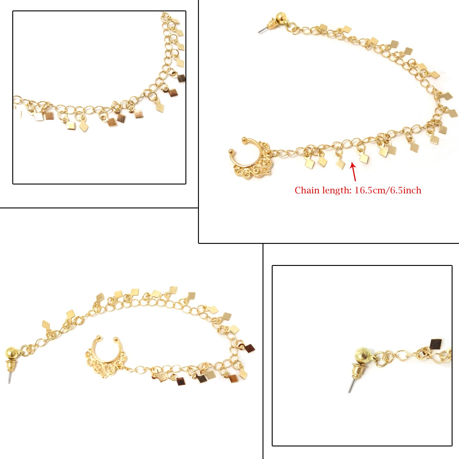 Honbay Body Jewelry Fake Septum Ring Non Piercing Nose Rings with Chain Nose to Ear Chain with Tassel (Gold)