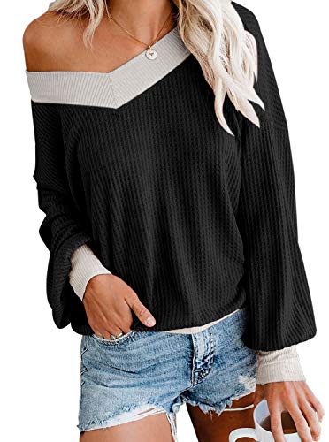 Women's Casual V Neck Long Sleeve Waffle Knit Off Shoulder Top Oversized Pullover Sweater Black XX-Large
