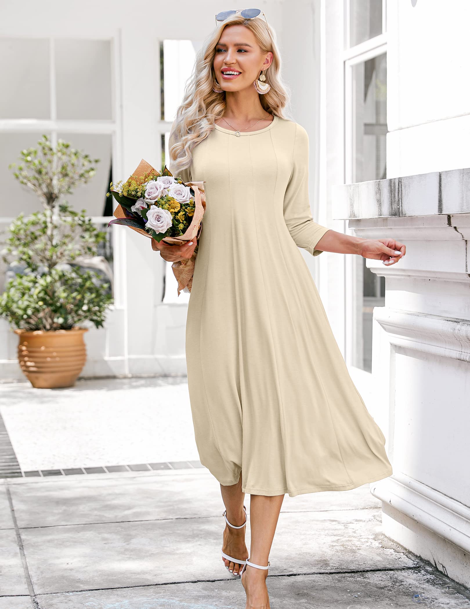HOTOUCH Women's Casual Plain 3/4 Sleeve Simple Tshirt Loose Midi Dress (Beige S)