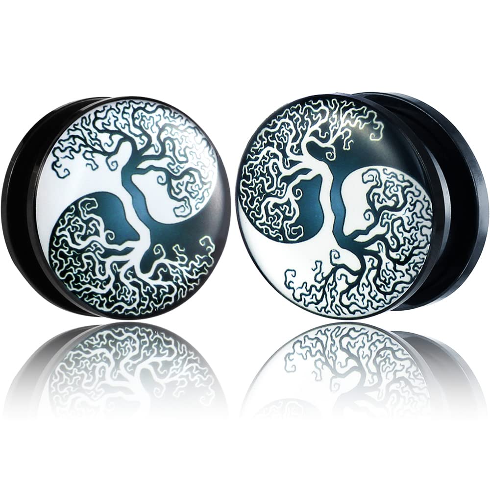 LADEMAYH 2 PCS Tree Pattern Ear Plugs Tunnels Gauges for Women - Black Stainless Steel 316L Body Piercing Basic Earrings for Stretched Earlobe 12mm=1/2"
