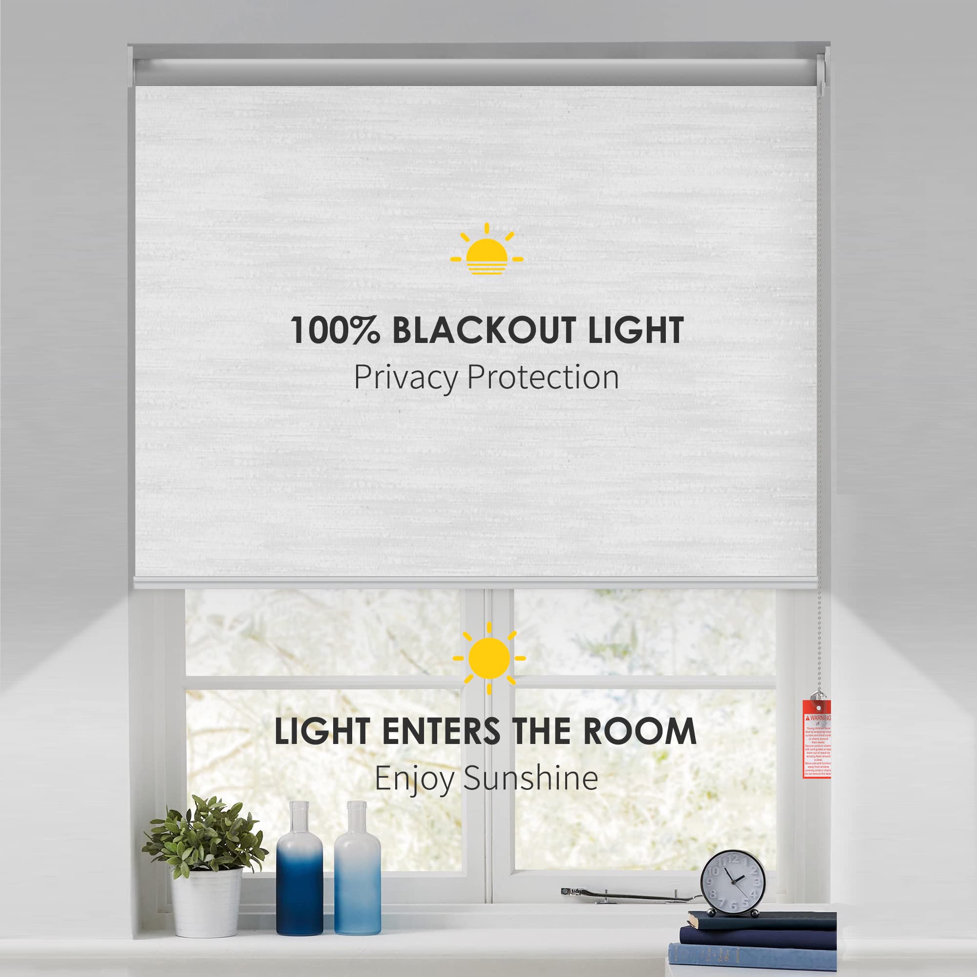 HOMEBOX 100% Blackout Roller Window Shades, Striped Jacquard Window Blinds with Thermal Insulated, UV Protection Waterproof Fabric, Roll up and Down Shades Home and Office(White - 20" W x 72" H)