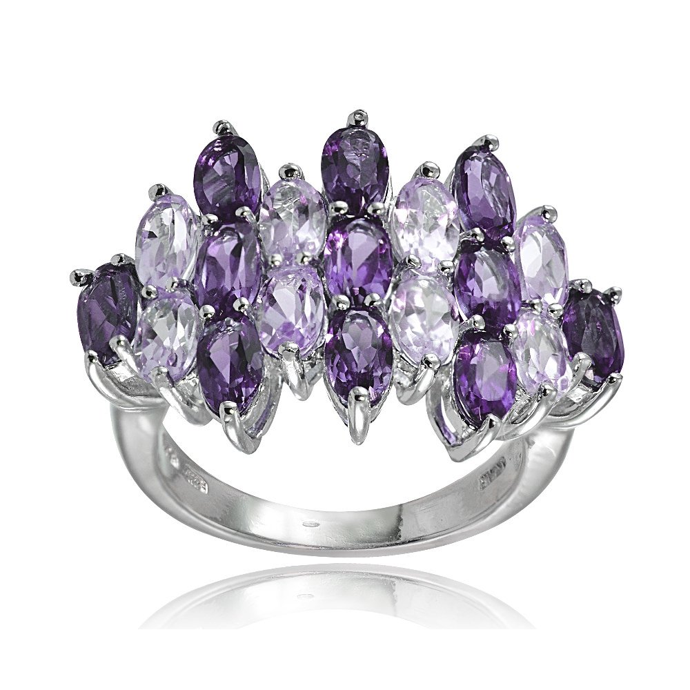 Ice Gems Sterling Silver Genuine African Amethyst and Amethyst Oval-Cut Cluster Ring