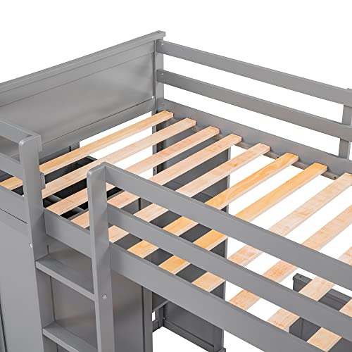 Twin Size Loft Bed with Desk and Wardrobe, Wood Loft Bed Frame with Storage Shelves and A Stand-alone Bed, Twin Over Twin Bunk Bed Frame for Kids Teens Adults (Bottom Bed Can Be Moved, Gray)