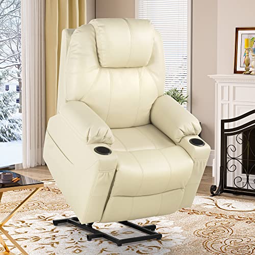 YITAHOME Power Lift Recliner Chair for Elderly, Electric Lift Chair with Heat and Massage, Faux Leather Recliner Sofa with 2 Cup Holders, Side Pockets & Remote Control for Living Room (White)