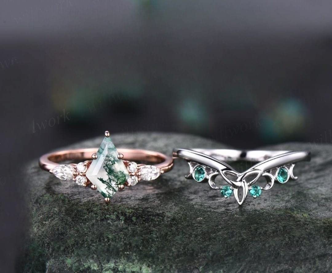 Kite shaped moss agate ring for women vintage unique green moss agate engagement ring set 14k rose gold emerald ring moissanite wedding set (rose gold, 5)