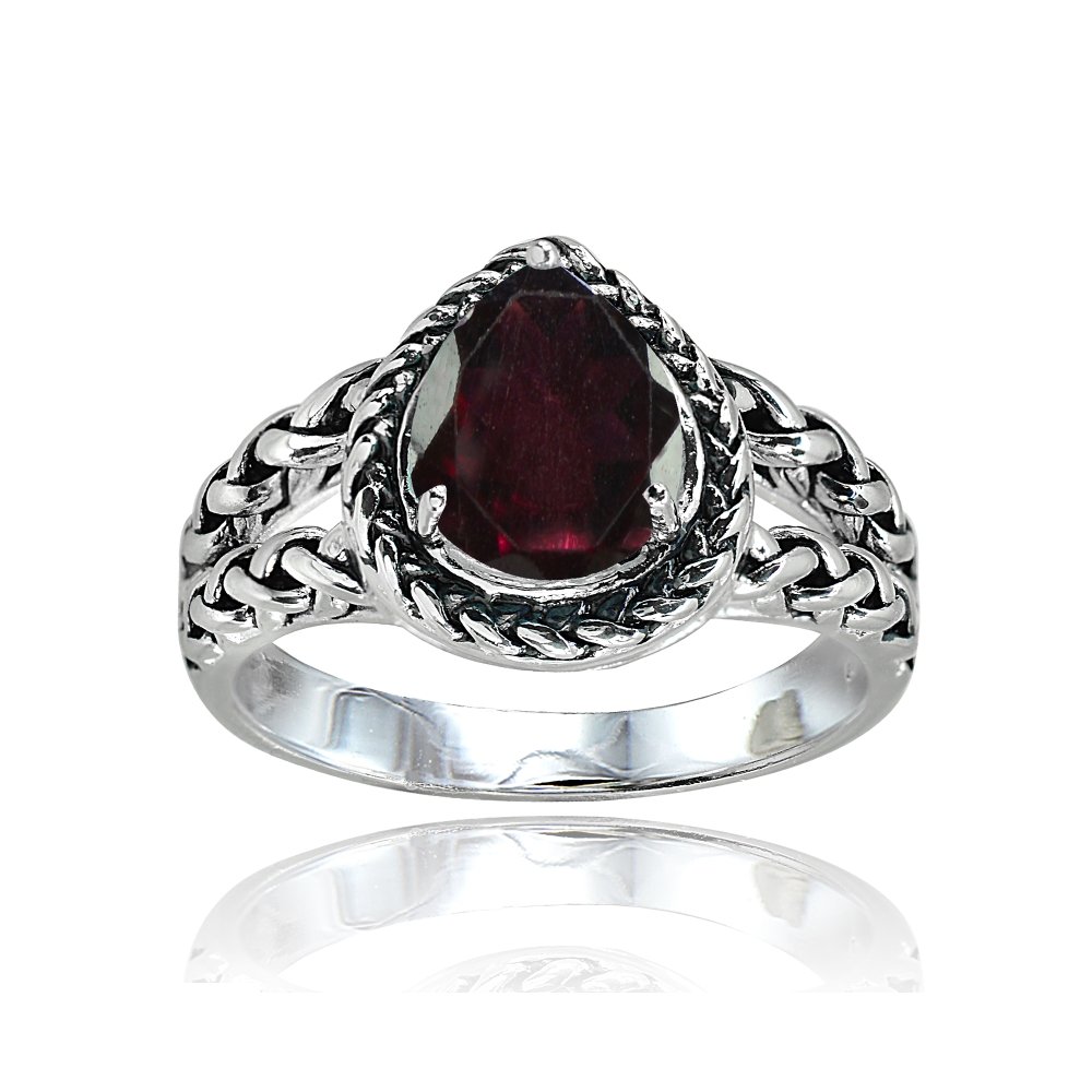 Ice Gems Sterling Silver Garnet Pear-Cut Oxidized Rope Split Shank Ring, Size 7