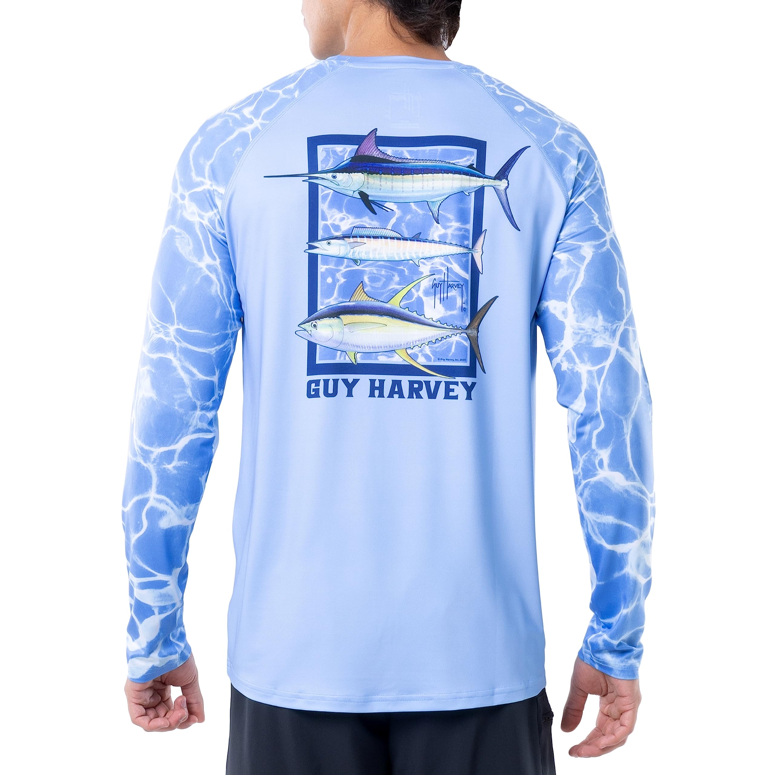 Guy Harvey Men's Raglan Sleeve Sun Protection Top, Powder Blue/Blue Water, 3X-Large