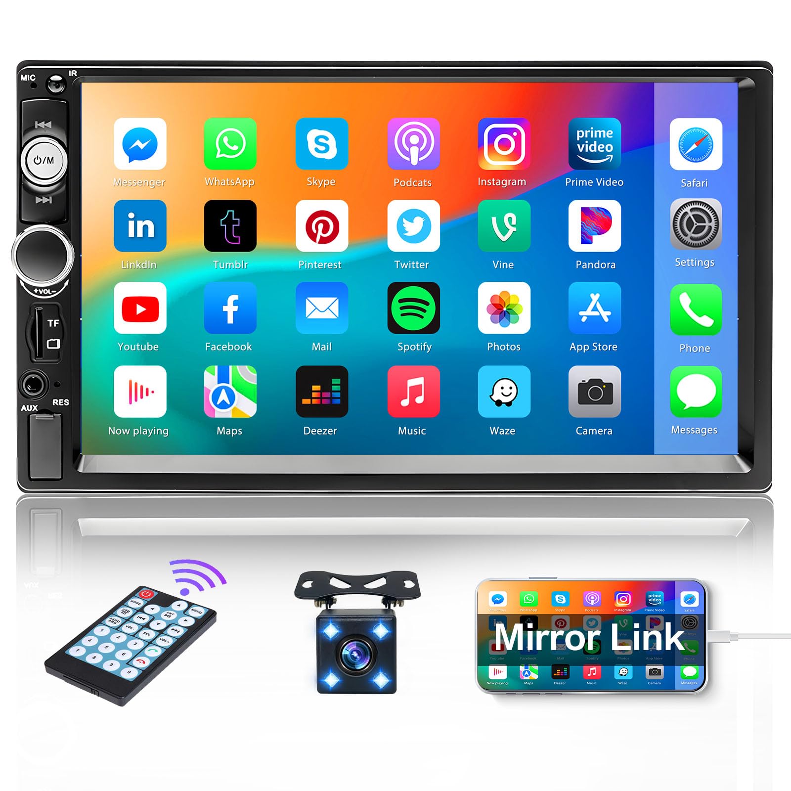 Hikity Double Din Car Stereo Radio with Backup Camera 7 Inch Touch Screen Car Radio Support Mirror Link Bluetooth Handsfree FM Audio Receiver Wireless Remote Control Steering Wheel Control