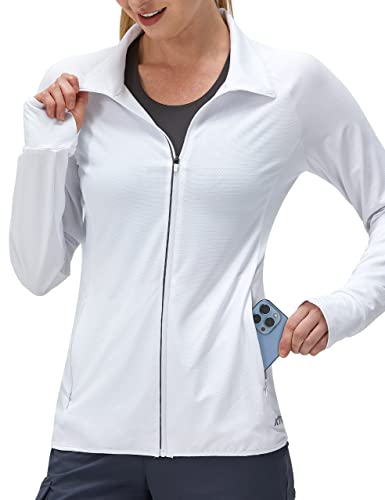 Women's UPF 50+ UV Sun Protection Clothing Long Sleeve Athletic Hiking Shirts Lightweight SPF Zip Up Outdoor Jacket (White,M)