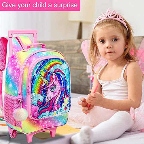 TXHVO 3PCS Rolling Backpack for Girls, Kids Rainbow Unicorn Bookbag with Roller Wheels, Cute Suitcase School Bag Set for Elementary Toddler