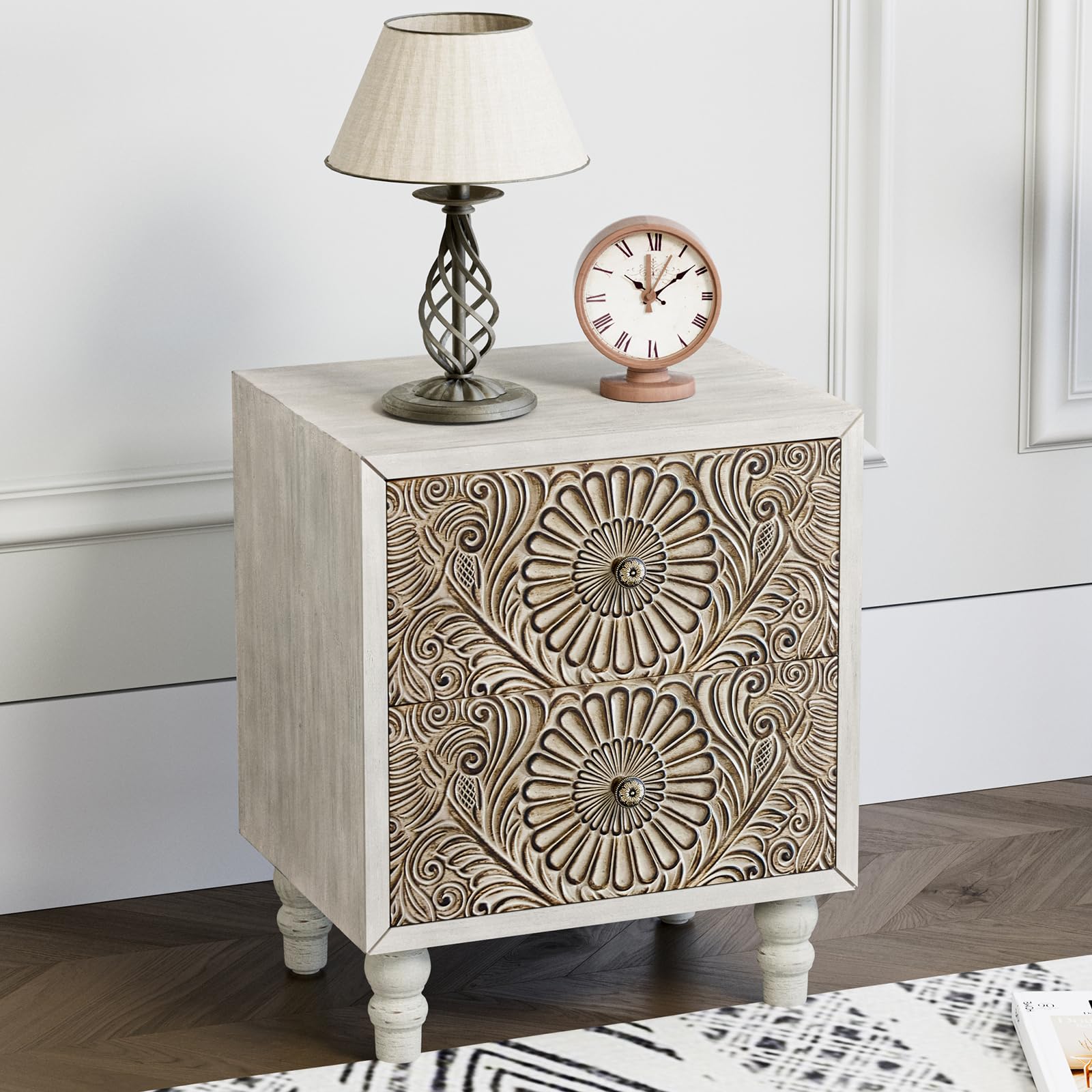 HOMPUS Nightstand, Rustic End Table with 2 Pattern Carved Drawers, Vintage Night Stand with 4 Wood Legs, Small Dresser for Bedroom, Living Room, Light Grey Grain