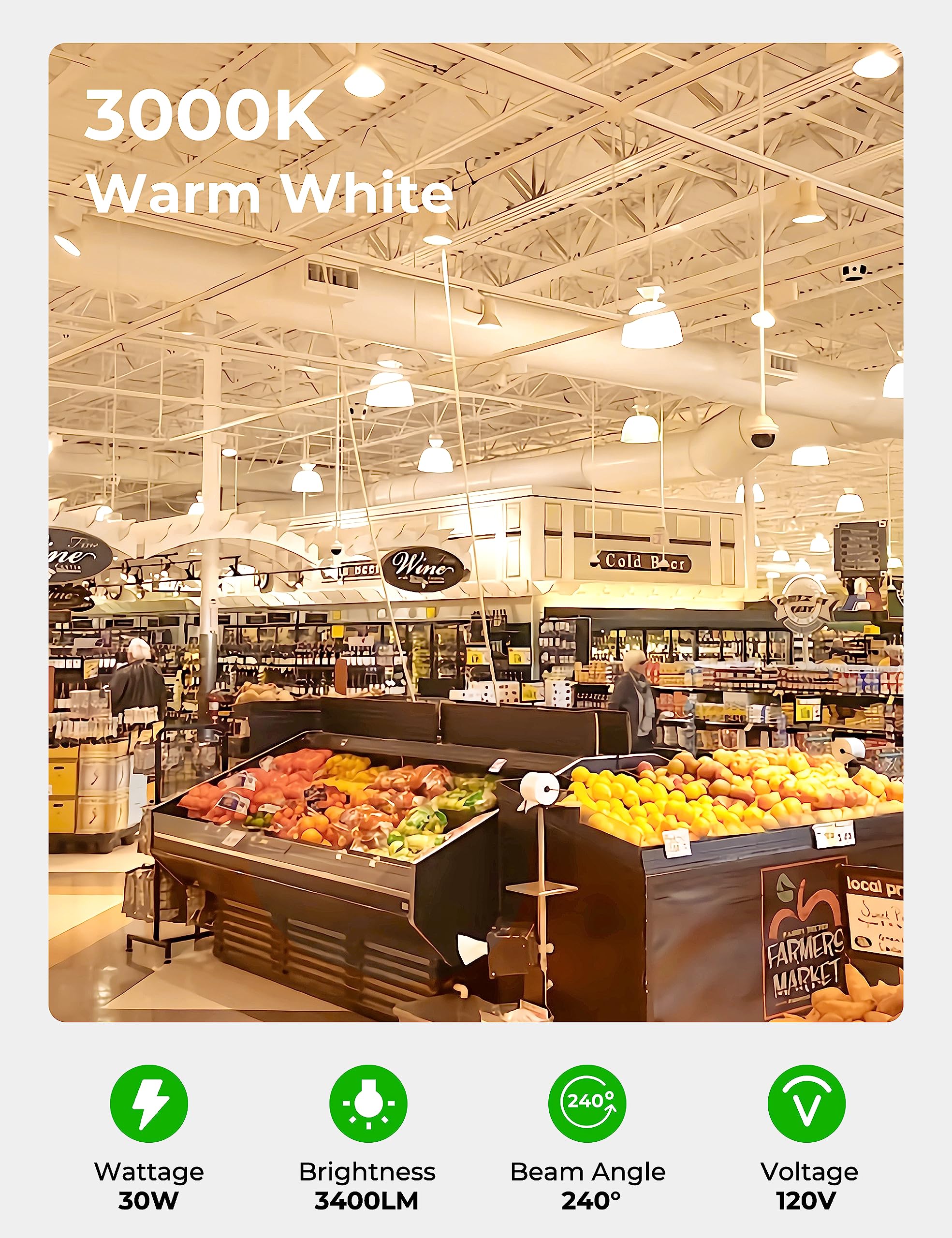 UNILAMP Super Bright LED Light Bulb, 200-300watt Light Bulb Equivalent, 30W Garage Light Bulb, 3400LM, 5000K Daylight, E26 LED Light Bulb with E39 Adapter, for Warehouse Factory Backyard, 2 Pack