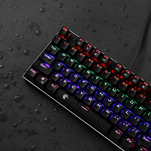 HUO JI 75% Mechanical Gaming Keyboard, with Blue Switches - Clicky, Rainbow LED Backlit, Metal Panel, USB Wired Compact 81 Keys for PC/Mac, Black