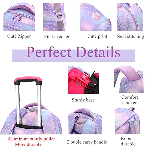 YJMKOI 3PCS Colorful Heart Print Rolling Backpack for Girls Elementary Trolley School Bag with Lunch Box