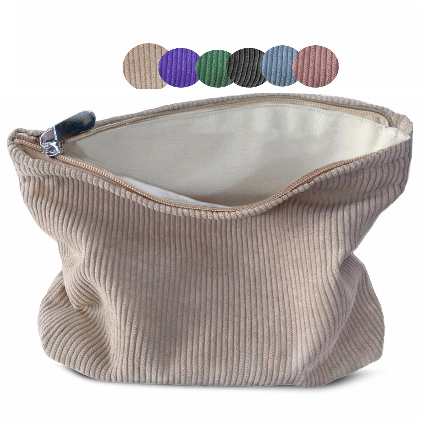 HAPPYHEIDI Vintage Corduroy Makeup Bag Cosmetic Pouch, Make Up Travel Purse Organizer,Cute Khaki Beige