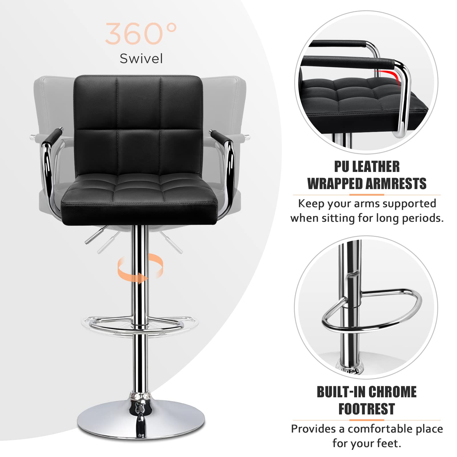 Huracan Bar Stools 1 Pack White Bar Chairs with Arms Swivel Counter Height Stools Adjustable Bar Stool with Back Bar Chair Armrest Modern Island Chairs for Kitchen 360 Degree (White, 1pc)
