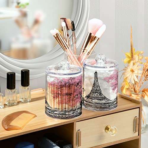 xigua 2 Pack Qtip Holder Dispenser Eiffel Tower Pink Tree 10 Oz Bathroom Organizer with Lids Storage Canister for Cotton Ball,Cotton Swab,Cotton Round Pads,Floss