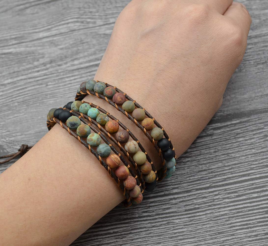 Izpack Fashion Love Heart Beaded Leather 3 Wrap Bracelets for Women Handmade Boho Natural Stone Ball Beads Wrist Bracelet Nice Gifts New Adjustable