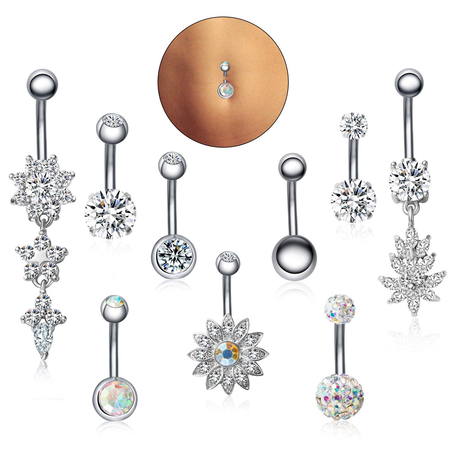 JDXN 6-8PCS 14G Stainless Steel Belly Button Rings CZ Pineapple Dangling Dangle Navel Ring Body Piercing (Black)
