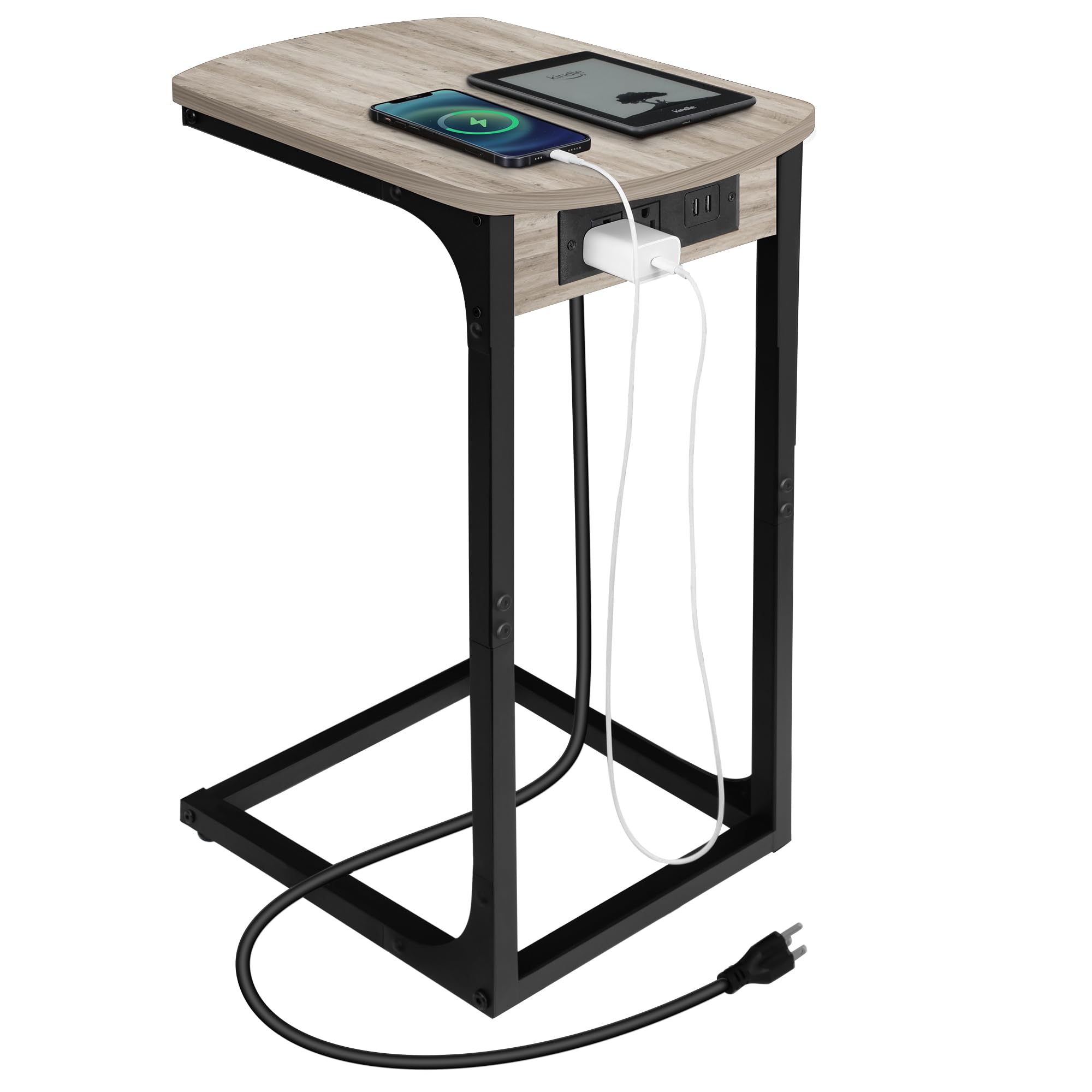Hzuaneri L Shaped End Table with Charging Station, Bed Side Table with USB Port & Outlet, Couch Table, C Snack Table for Living Room, Bedroom, Greige and Black ET04905B