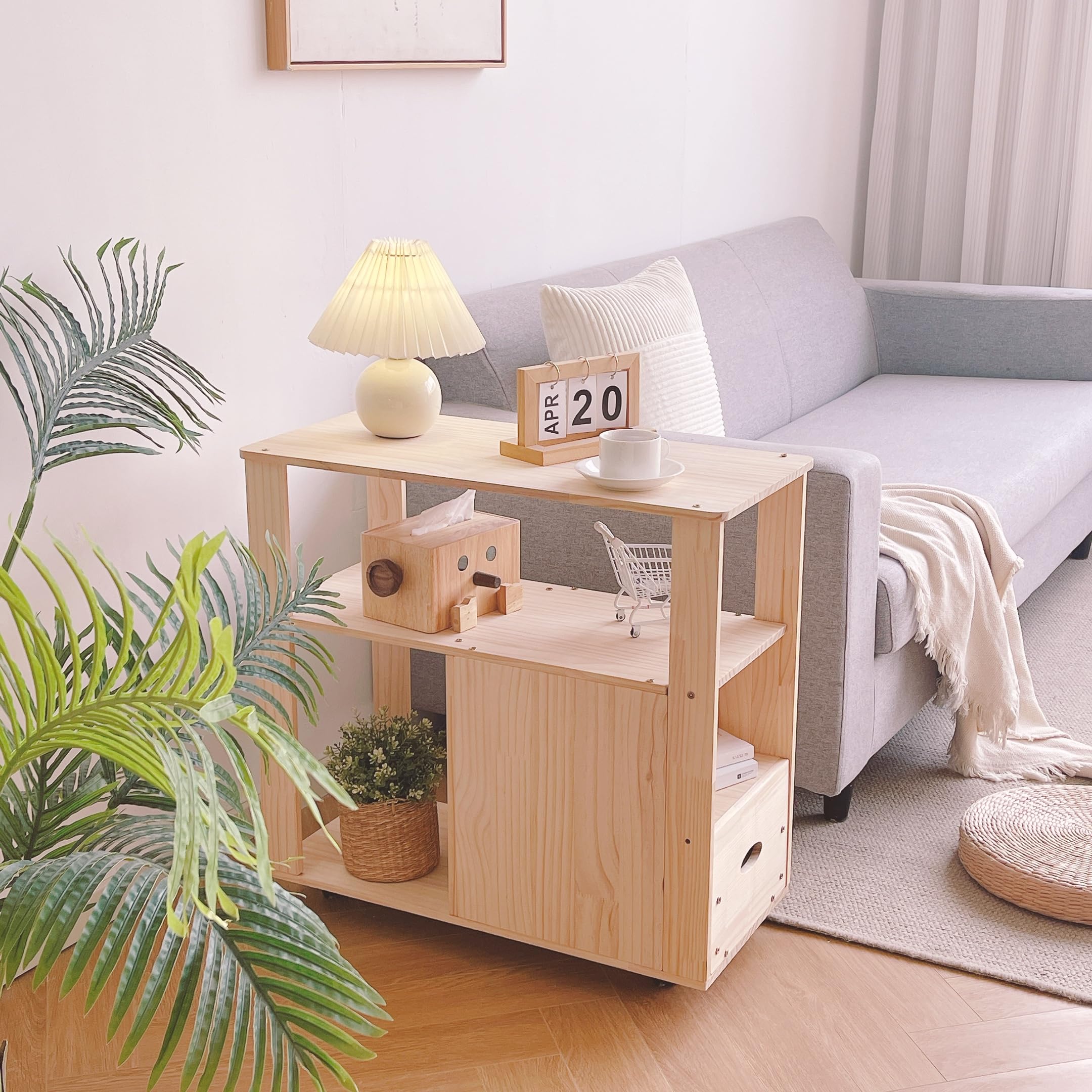 Heehee Movable Solid wood Sofa Side Table with Wheels sofa sideboard Narrow End Table Bedside Nightstand with Storage Shelves corner table for living room Bedroom