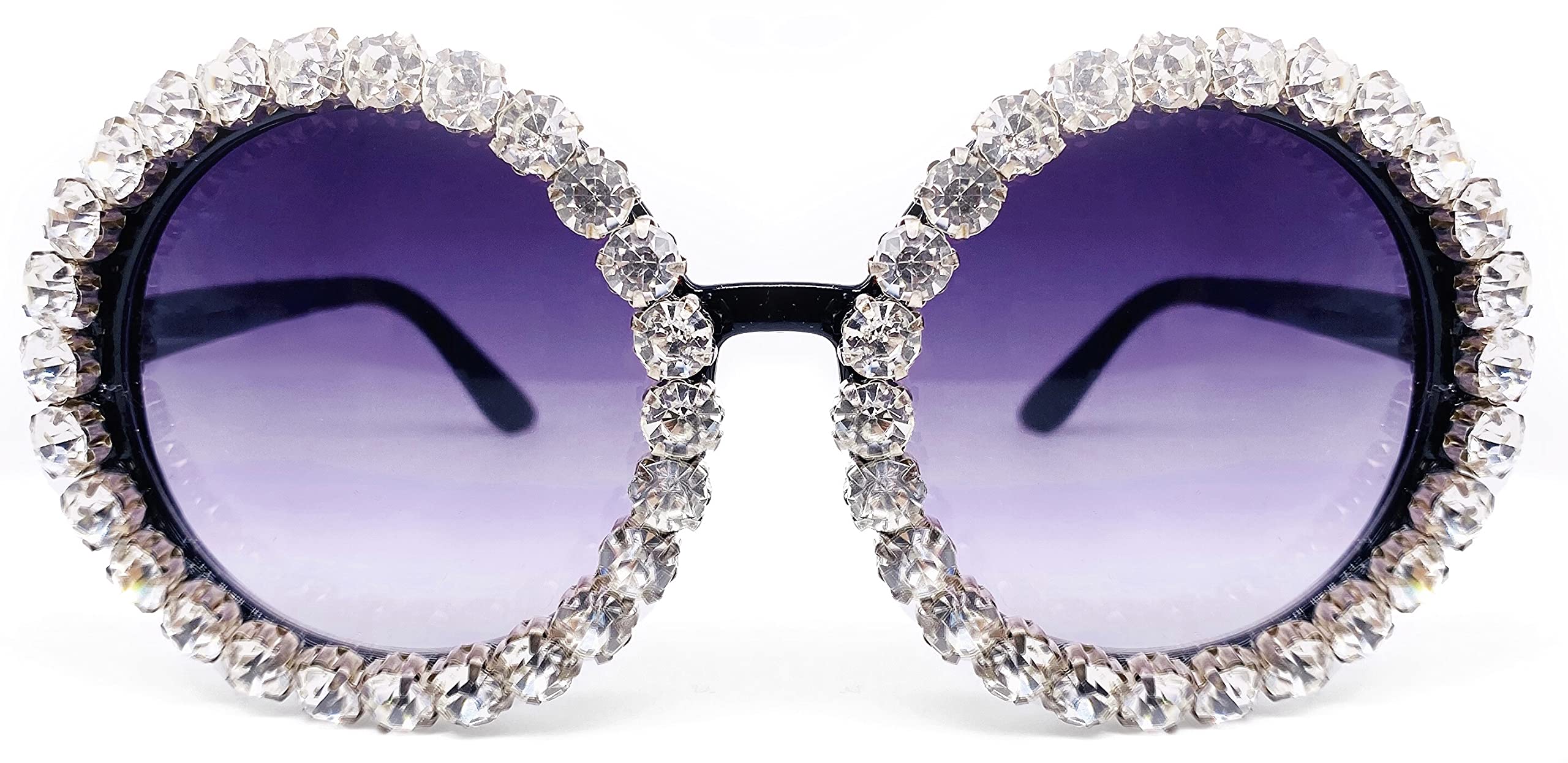 HOUSE PARTY 2K20 Stunning 4-Carat Rhinestone Studded Super Sparkly Sunglasses Elton John Style Round Oversize Deep Violet UV400 Polarized Lenses Onyx Black Frames