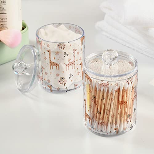 xigua 2 Pack Cute Giraffe Apothecary Jars with Lid, Qtip Holder Storage Containers for Cotton Ball, Swabs, Pads, Clear Plastic Canisters for Bathroom Vanity Organization (10 Oz)
