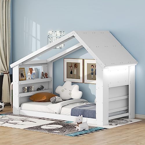 Twin House Bed Kids Floor Bed with Roof and Window, Solid Wood Montessori Bed with LED Light, Low Floor Twin Bed Frame for Kids Girls Boys, No Box Spring Needed (White)