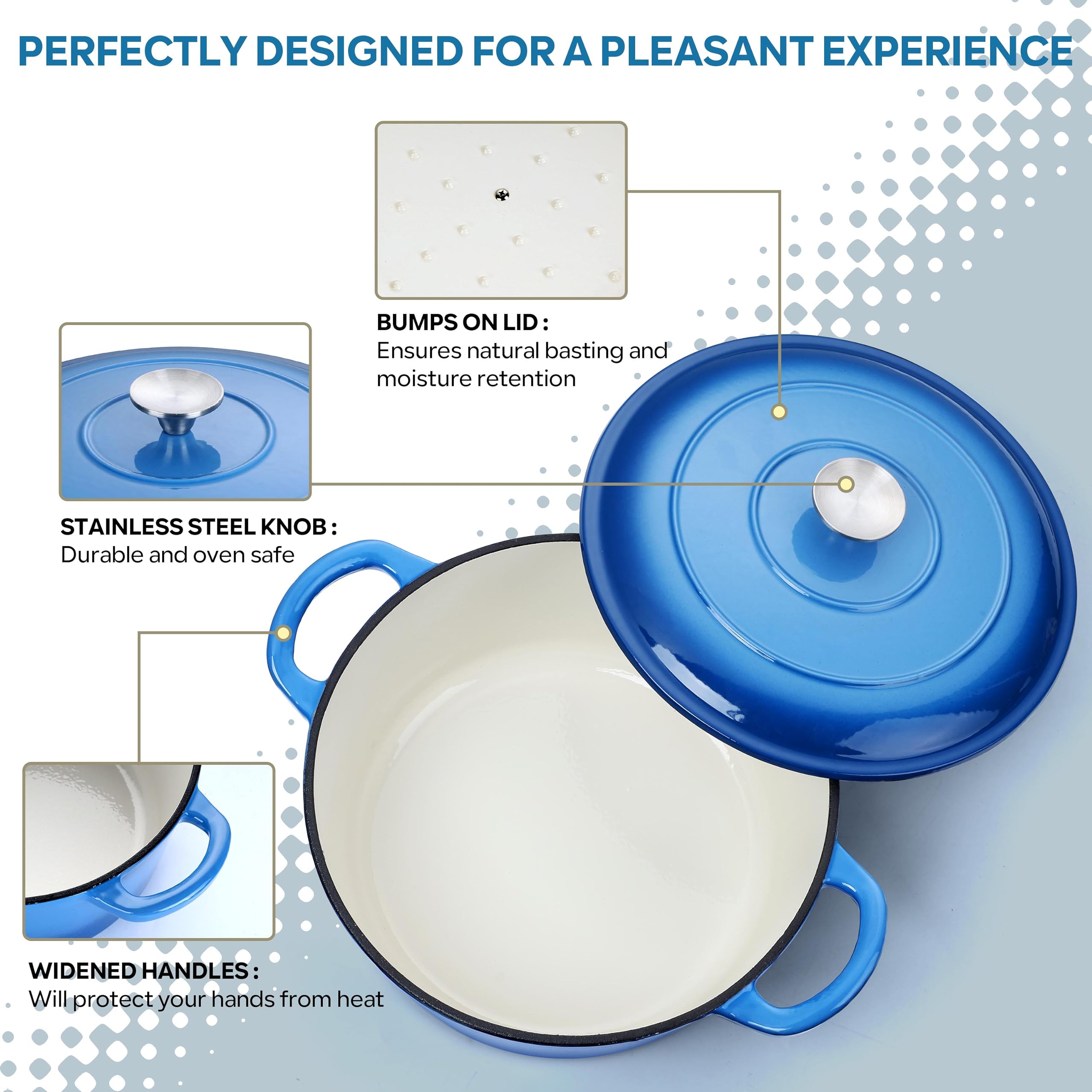 Herogo 6 Quart Enameled Cast Iron Dutch Oven with Lid, Round Dutch Oven Pot with Dual Handles for Bread Baking Stewing Roasting Blue