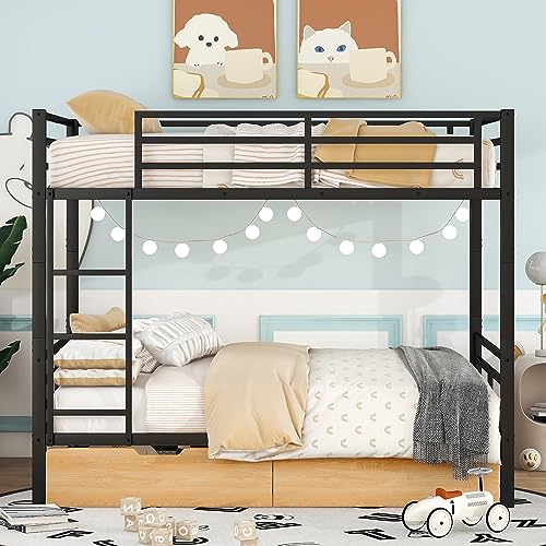 SIYSNKSI Full Size Convertible Bunk Bed with 2 Drawers, Metal Bunk Bed Frame with Ladder and Safety Guardrail for Kids Teens Boys Girls Bedroom, No Box Spring Needed