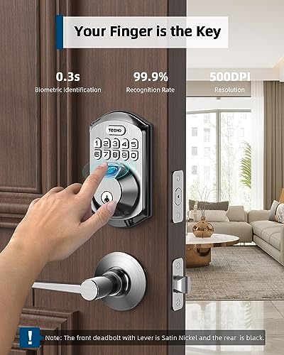 TEEHO TE002L Fingerprint Door Lock with 2 Lever Handles, Keyless Entry Deadbolt with Handle Set, Electronic Keypad Deadbolt for Front Door, Auto Lock and 1 Touch Locking, Satin Nickel