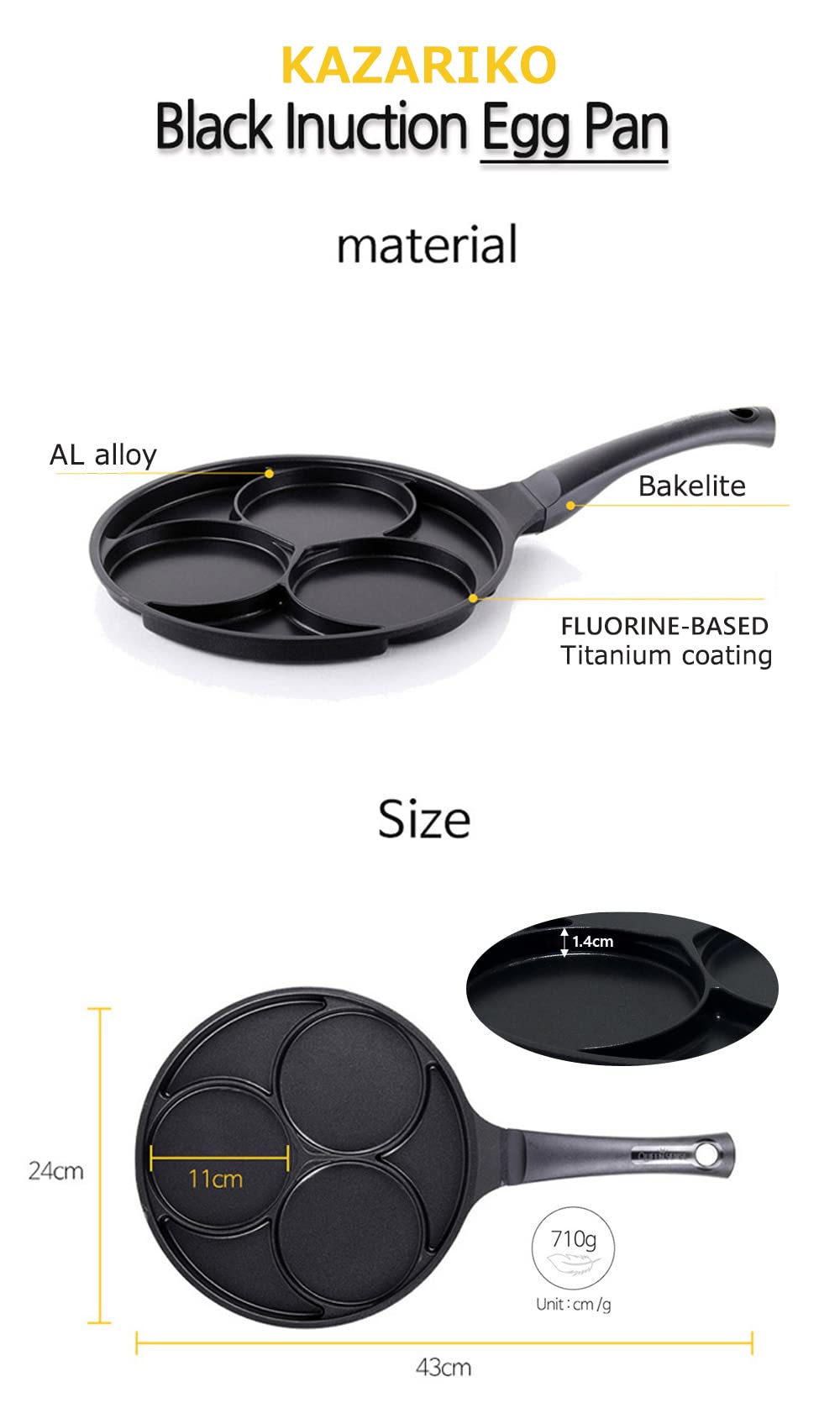 KAZARIKO Induction Egg Frying Pan 3-Cup Non Stick Cooker Pan Easy Clean Cooker Omelet Pan For Breakfast Pancake, Crepe Pan