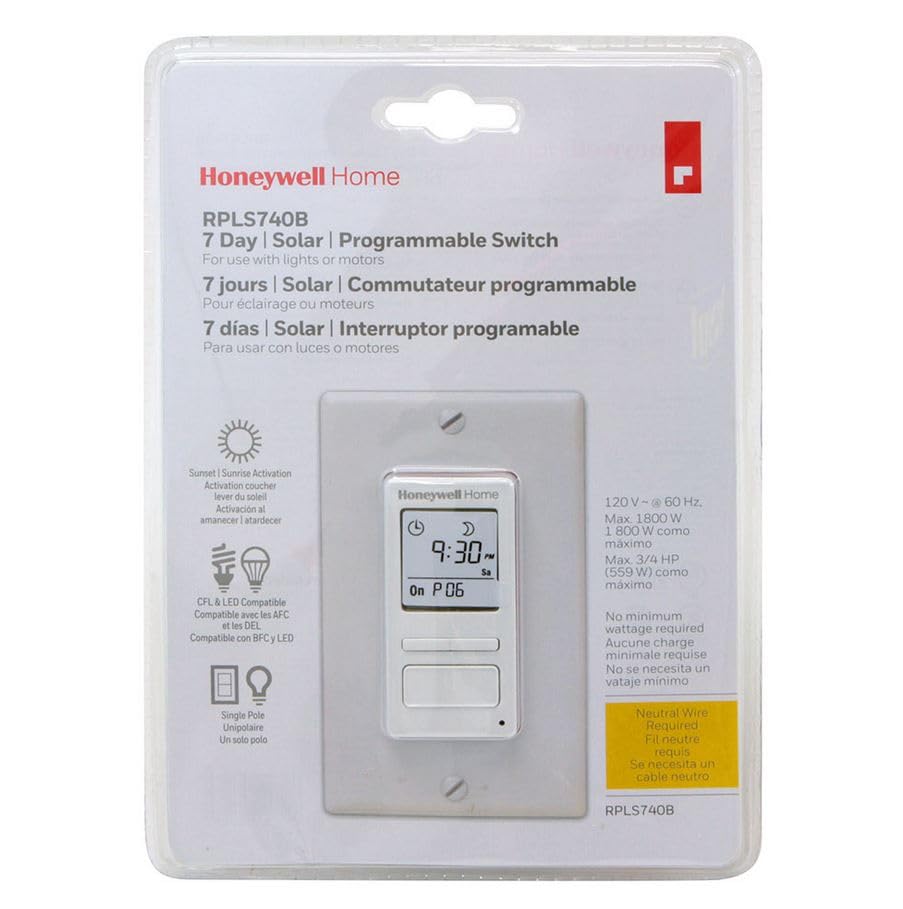Honeywell Home RPLS740B ECONOswitch 7-Day Solar Programmable Switch, Lights and Motors, Indoor and Outdoor, Energy Saving