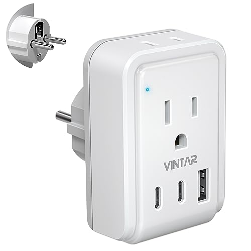 Type E F Plug Adapter,VINTAR Schuko Germany France Power Adapter with 2 American Outlets 3 USB Ports(2 USB C),5 in 1 Type E Travel Adapter for US to EU Spain Iceland Korea Greece Russia German French